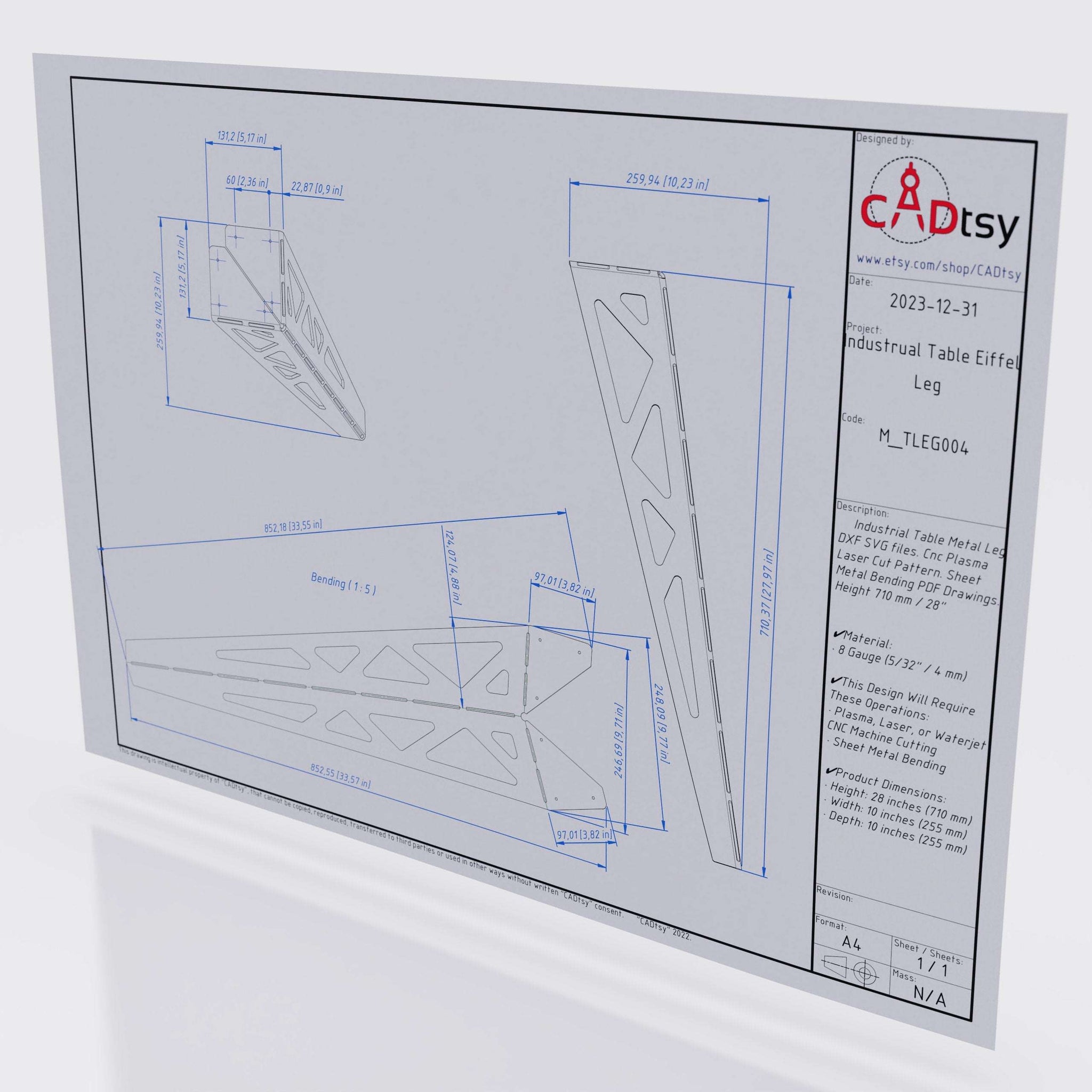 Table Metal Leg DXF Plasma/Laser Cutting File. H=710mm